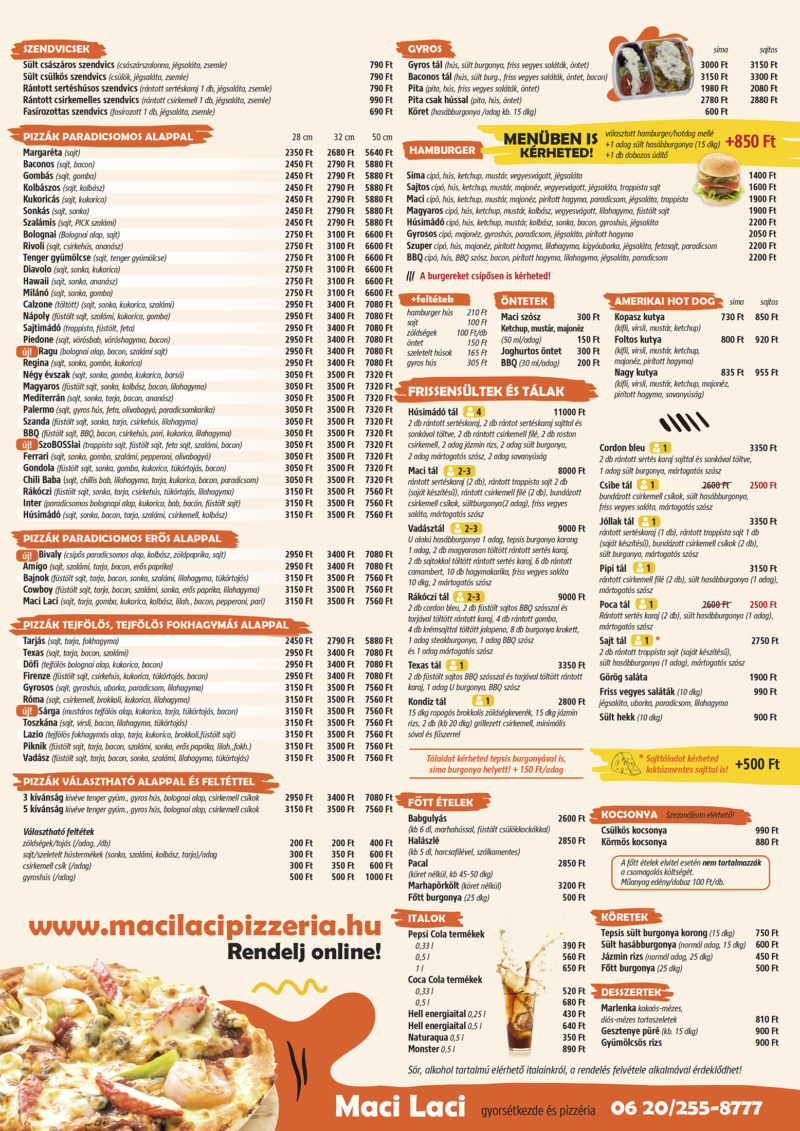Napi menü - Maci Laci Gyorsétkezde & Pizzeria